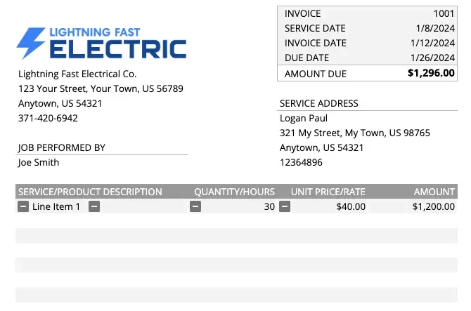 Electrician invoice template - Housecall Pro