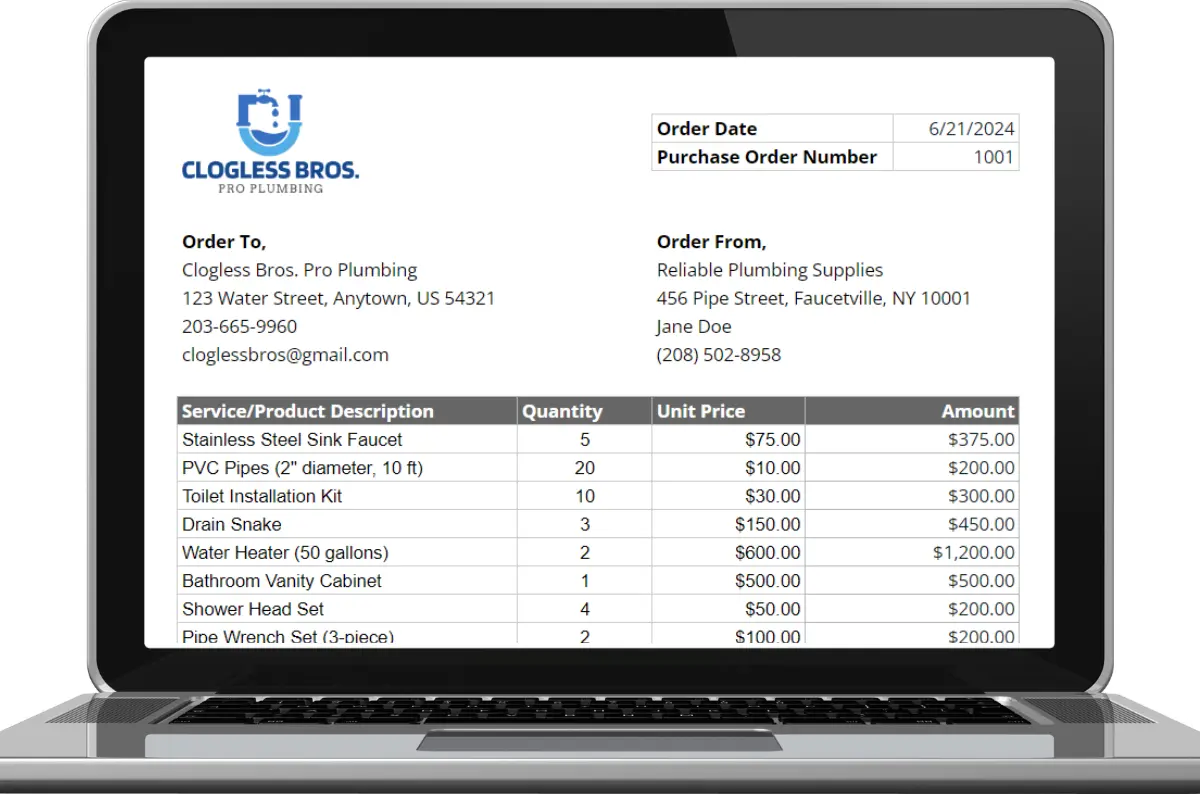 Plumbing Purchase Order Template - Housecall Pro